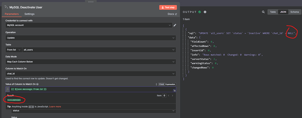 MySQL node cannot find the column value if referenced from a previous node - Questions - n8n ...