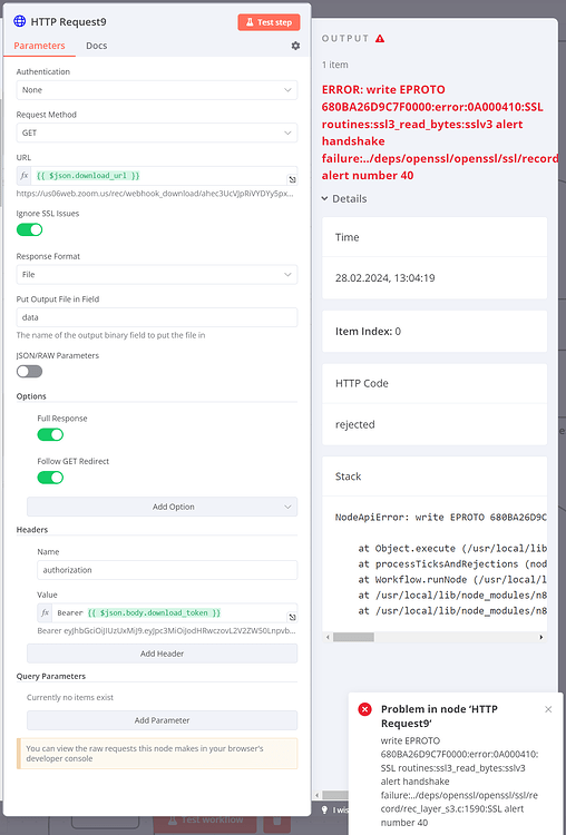SOLVED: HTTP reqest node Zoom - ERROR: write EPROTO - Questions - n8n