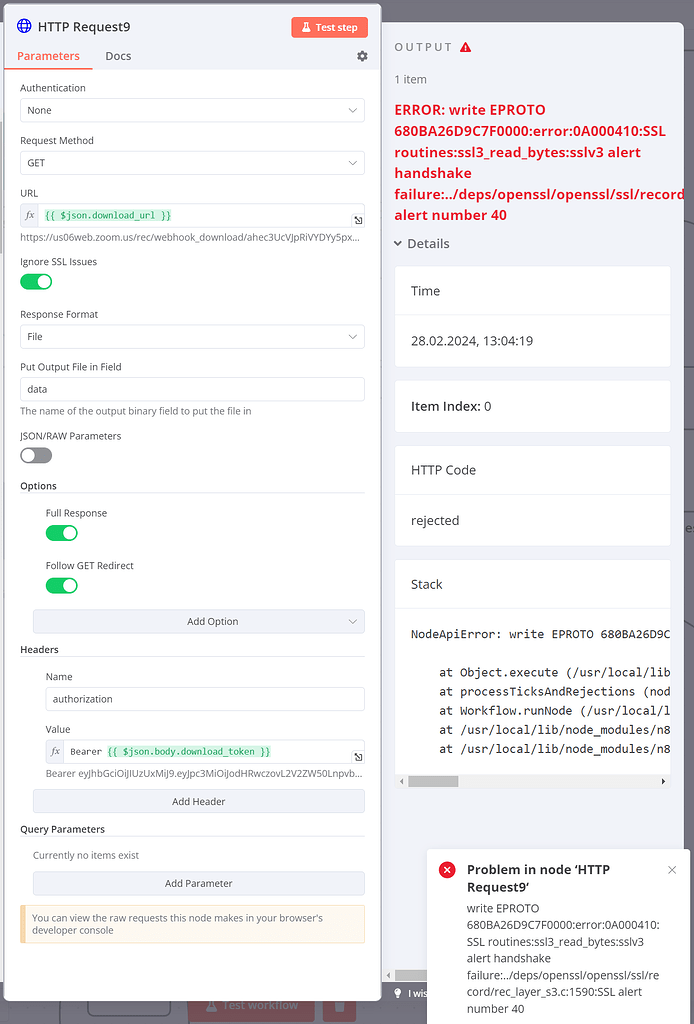 SOLVED: HTTP reqest node Zoom - ERROR: write EPROTO - Questions - n8n