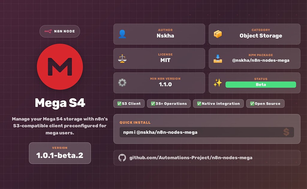 [New Node] Mega S4 & S3 Compatible Client with 35+ Operations - Built with n8n - n8n Community