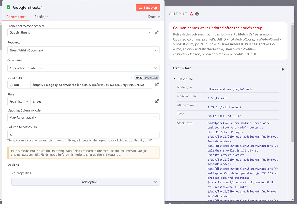 Google Sheets error - Column names were updated after the node's setup - Questions - n8n Community