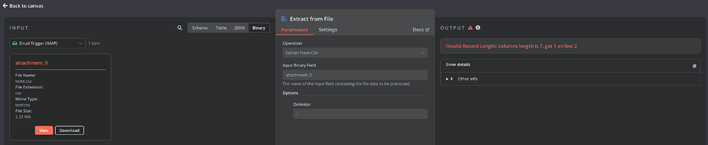 Error in CSV Extract from File - Questions - n8n Community