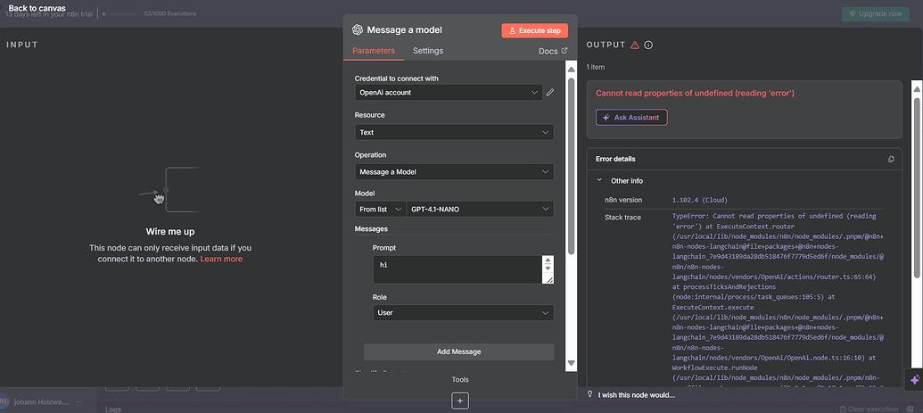 "errorMessage": "Cannot read properties of undefined (reading 'error')", - Questions - n8n Community