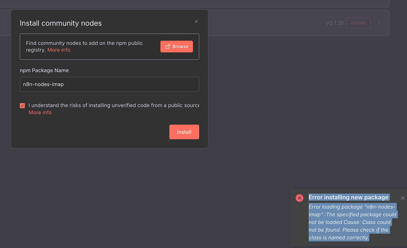 N8n nodes imap - installation problem - Questions - n8n Community
