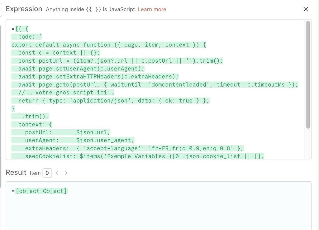 N8n HTTP Request: JSON parameter invalid when injecting dynamic variables into Browserless API ...