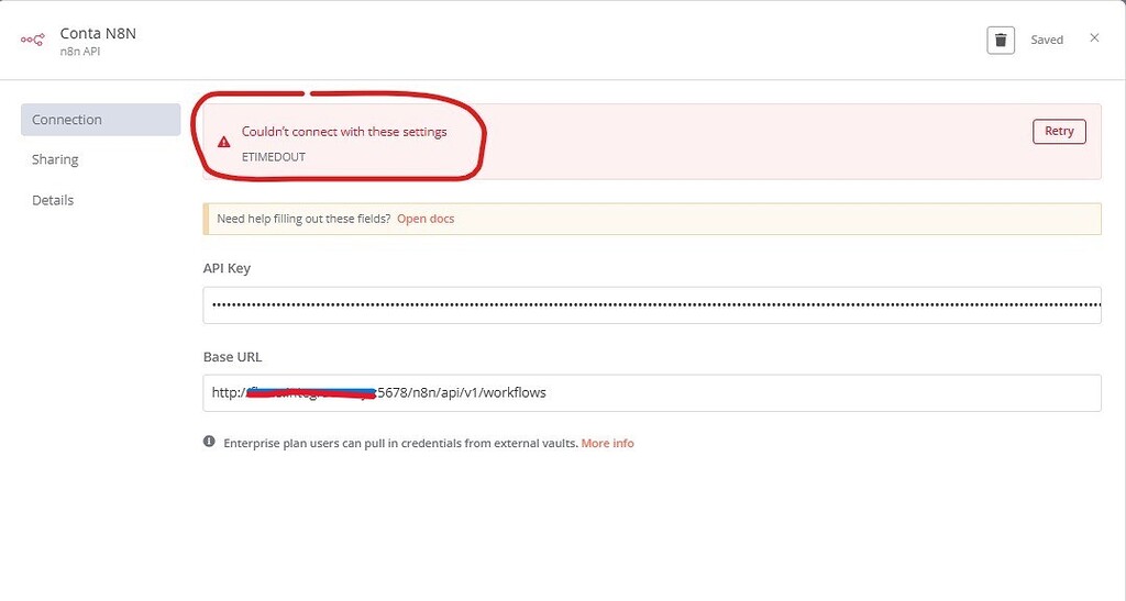 I am trying to set credentials for n8n API but it´s not connecting ...