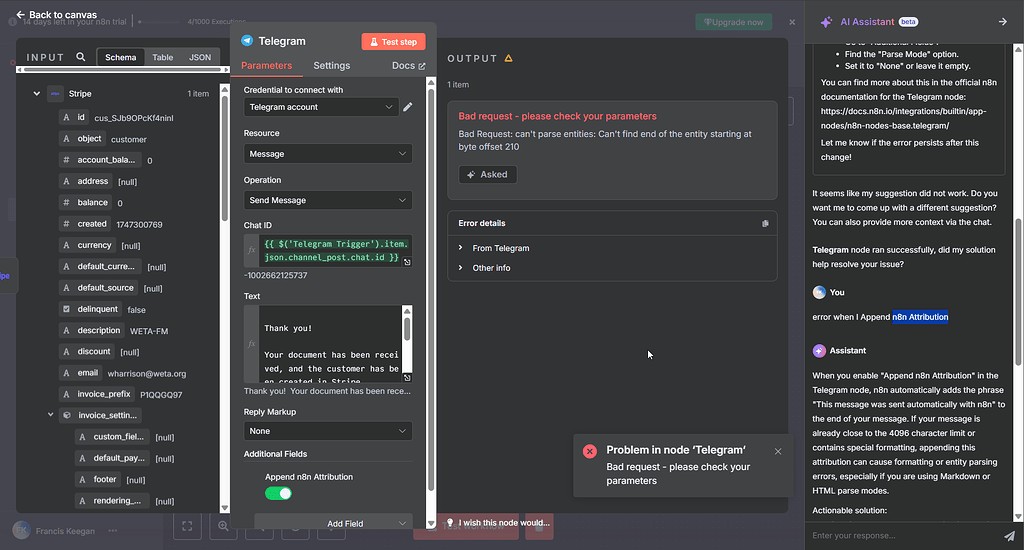 Turning off n8n attribution in Telegram is causing error - Questions - n8n Community
