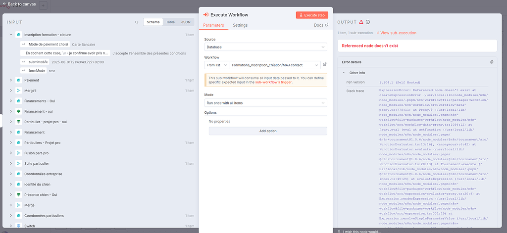 Sub-workflow - error "Referenced node doesn't exist" - Questions - n8n Community