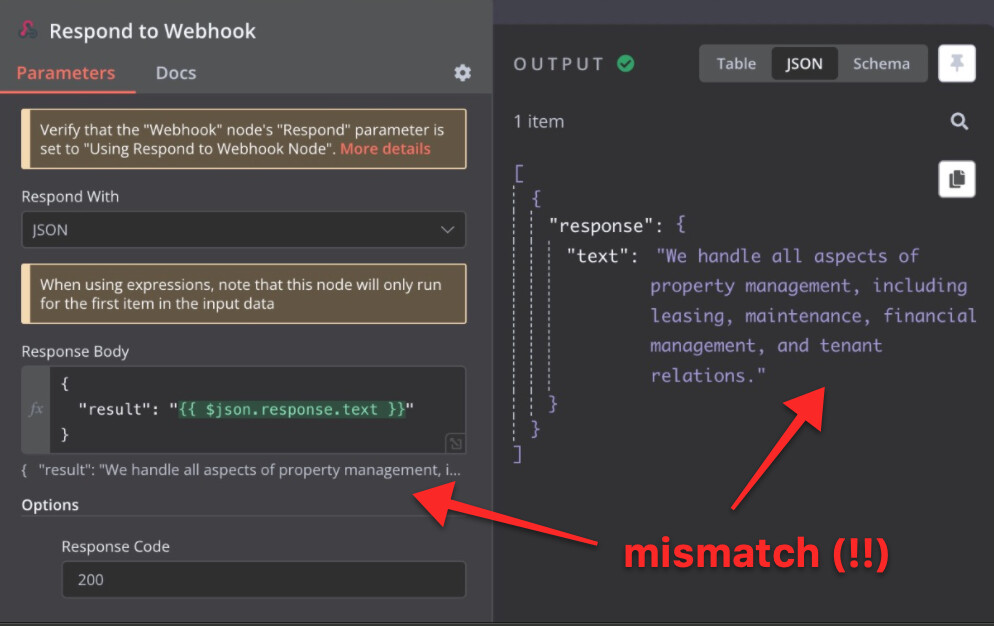 'Respond to Webhook' note doesn't use JSON settings - Questions - n8n Community