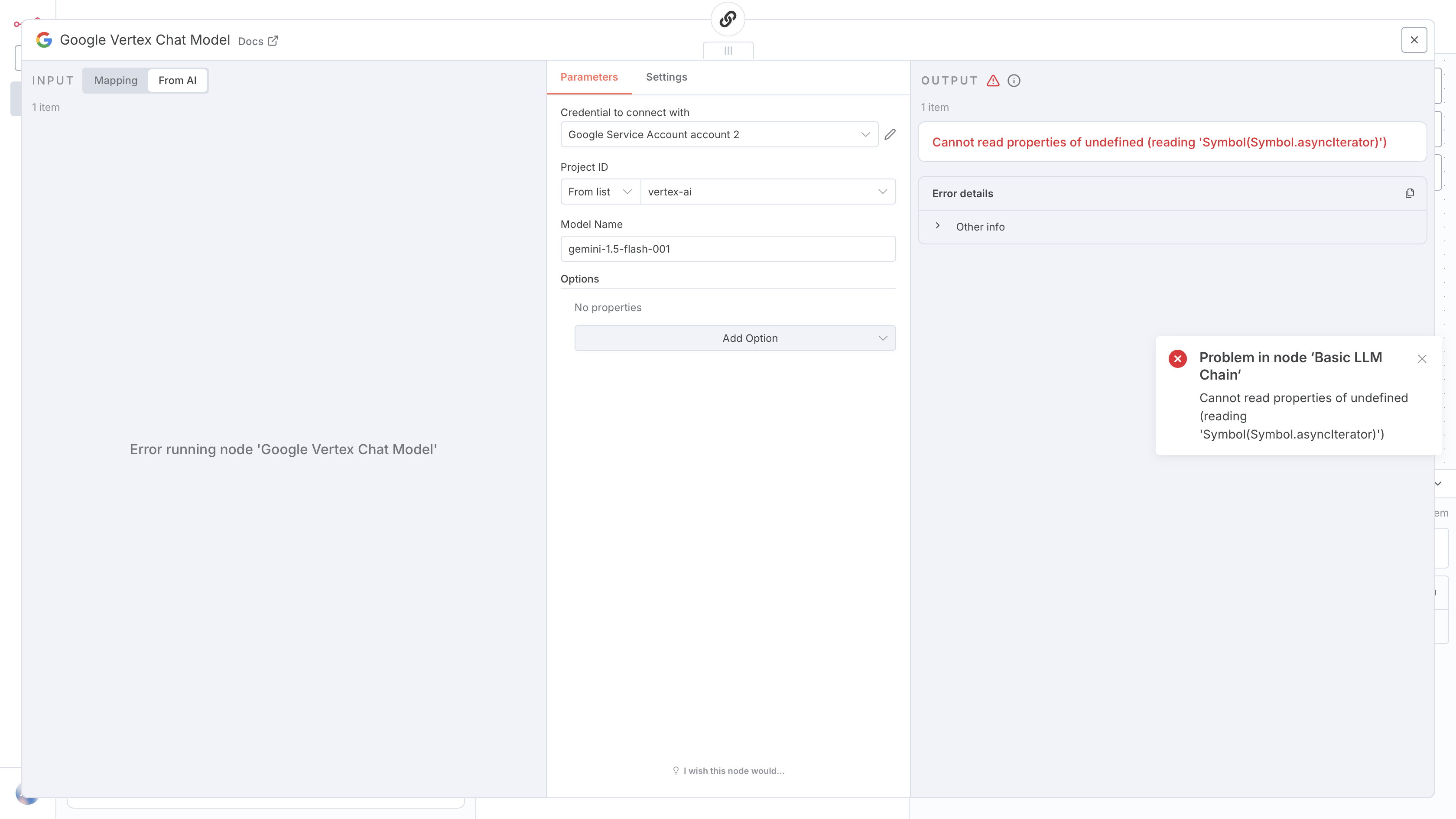 AI Agent node fails with 'asyncIterator' error when using Google Vertex AI - Questions - n8n ...