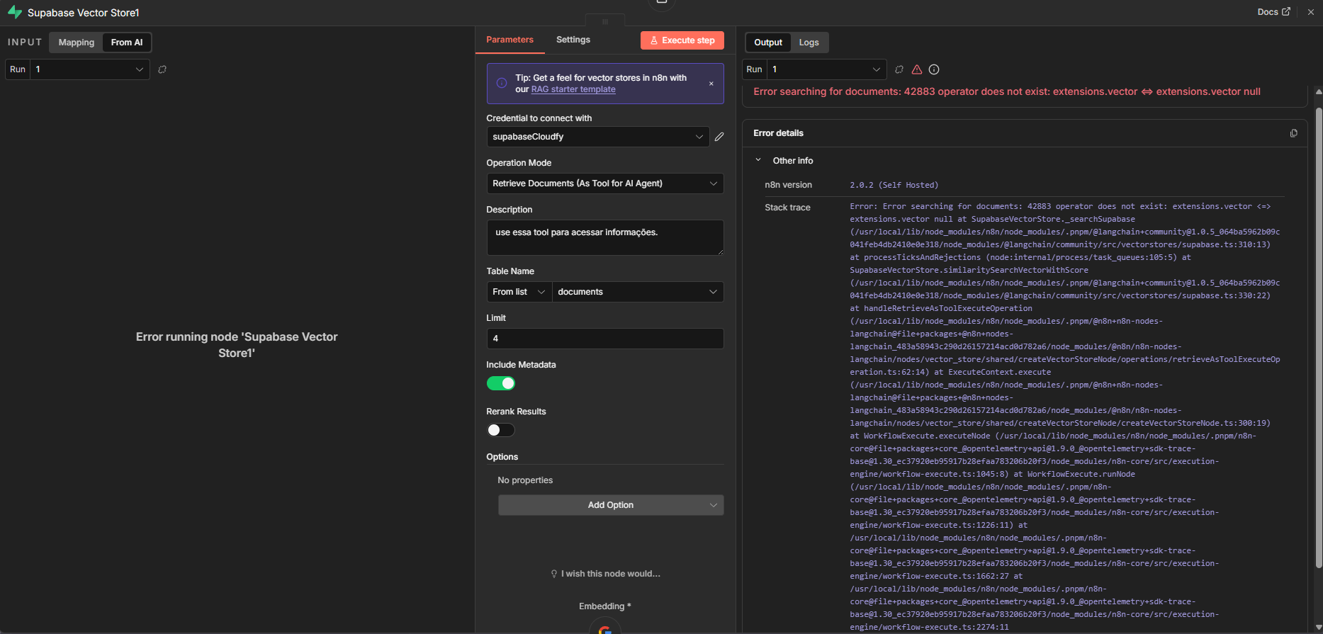 RAG supabase error searching for documents: 42883 operator does not exist: extensions.vector ...