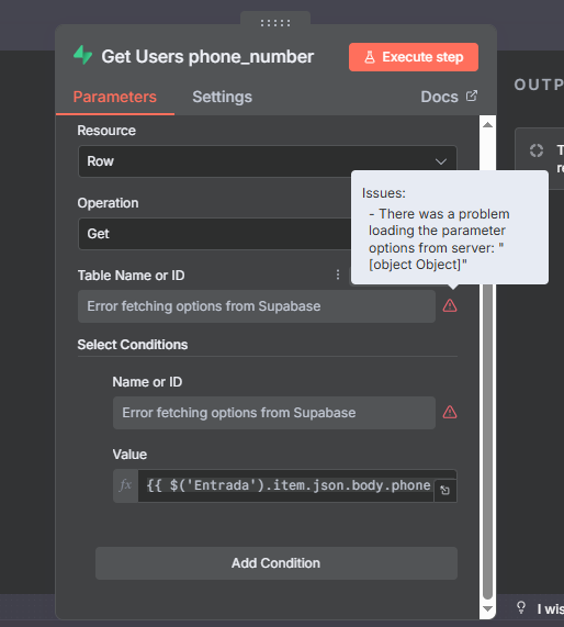 N8n: "Issues: There was a problem loading the parameter options from server: [object Object ...