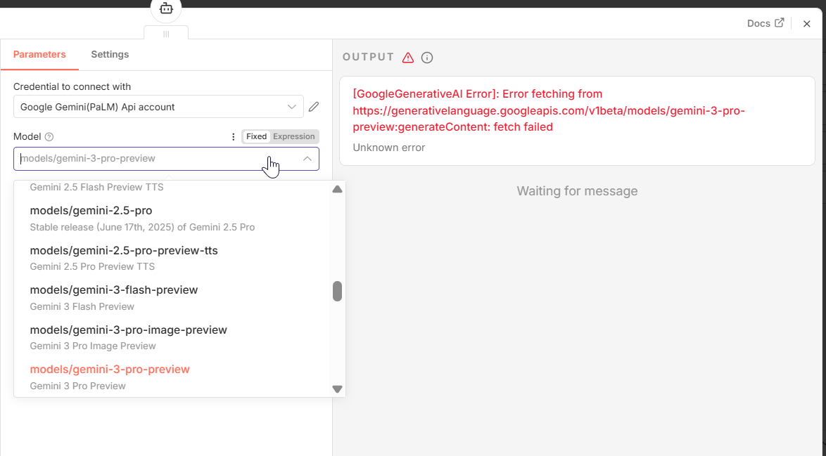 Problem in node ‘AI Agent‘ - failed to fetch Google Gemini API - Questions - n8n Community