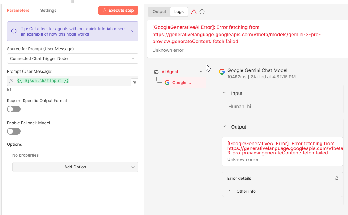 Problem in node ‘AI Agent‘ - failed to fetch Google Gemini API - Questions - n8n Community