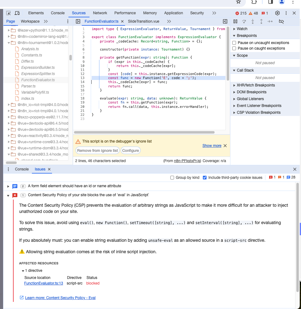 Unsafe Eval Csp Error In Tournament Lib Questions N8n