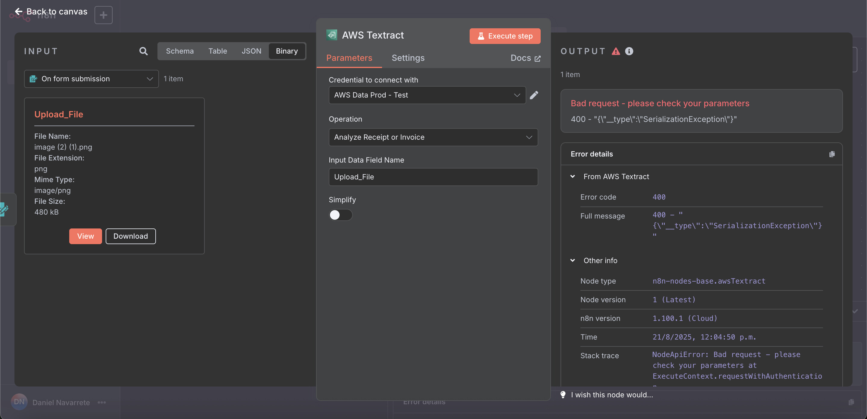 Error when using AWS Textract - SerializationException - Questions - n8n Community