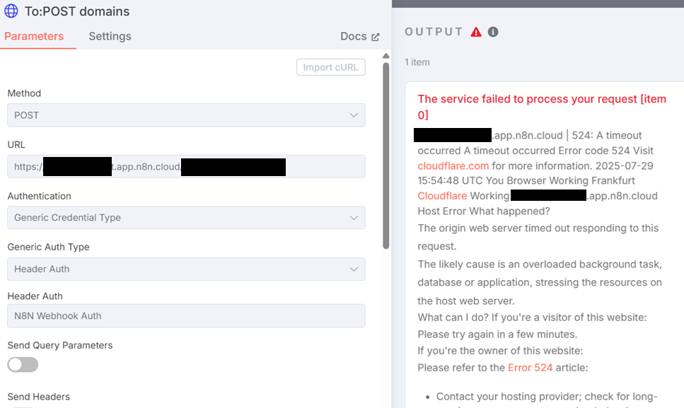 Help! Getting Cloudflare 524 Error with n8n Workflow to others N8N ...