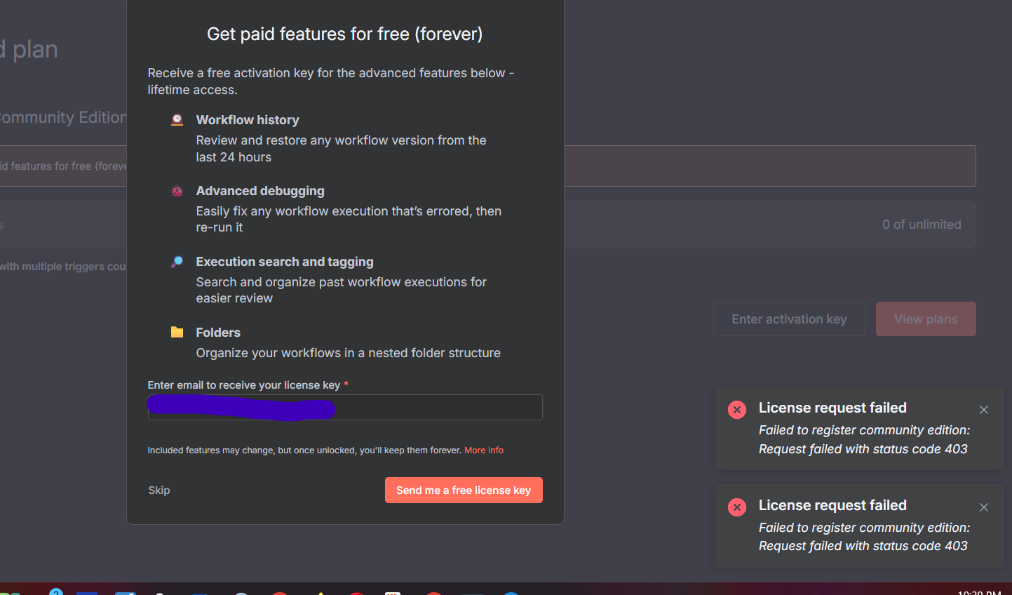 Failed to register community edition: Request failed with status code 403 - Questions - n8n ...