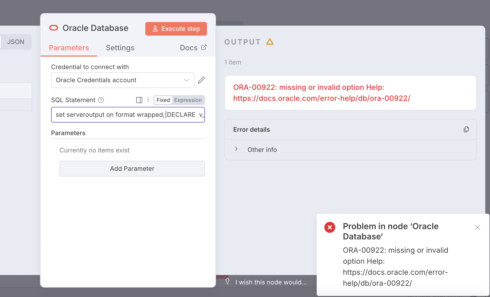 Execute multiple sql statements or PL sql statements in using n8n-nodes-oracle-database ...