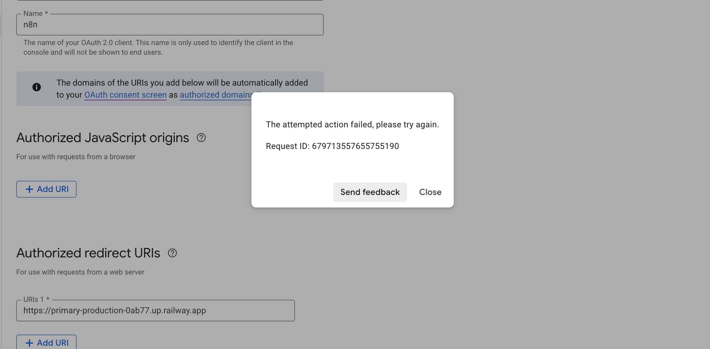Unable to Create OAuth 2.0 Client ID with Railway App Domains in Google Cloud Console ...