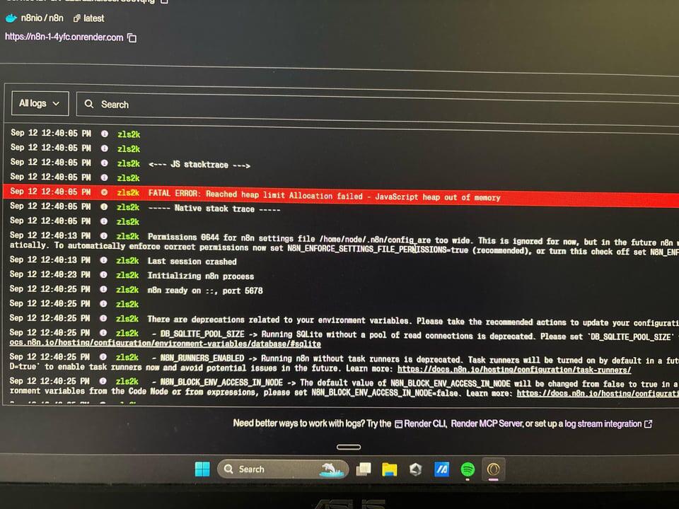 Need Help with Memory Errors! - Render Network Starter Plan and AI Agents - Questions - n8n ...