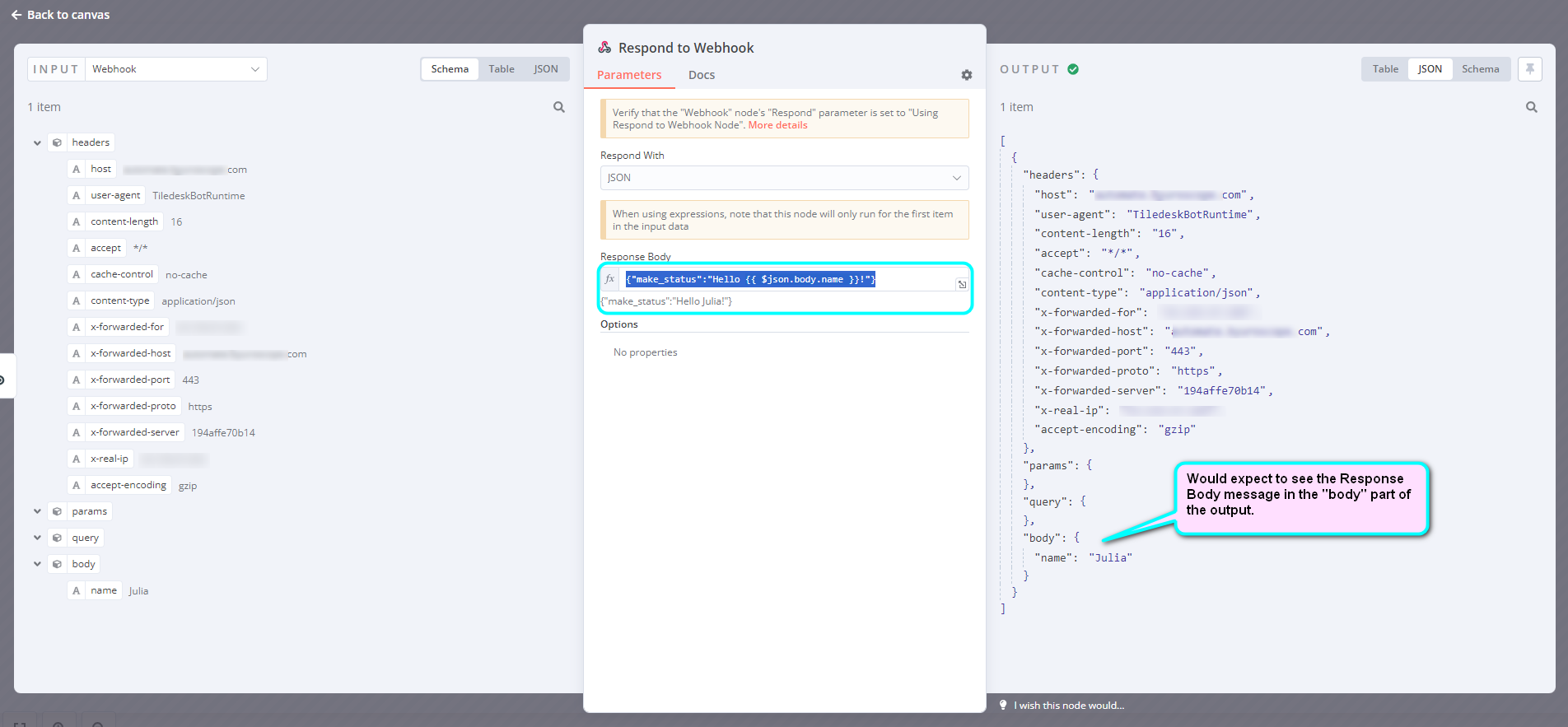 Respond to Webhook output does not display the Response Body message in n8n - Questions - n8n ...