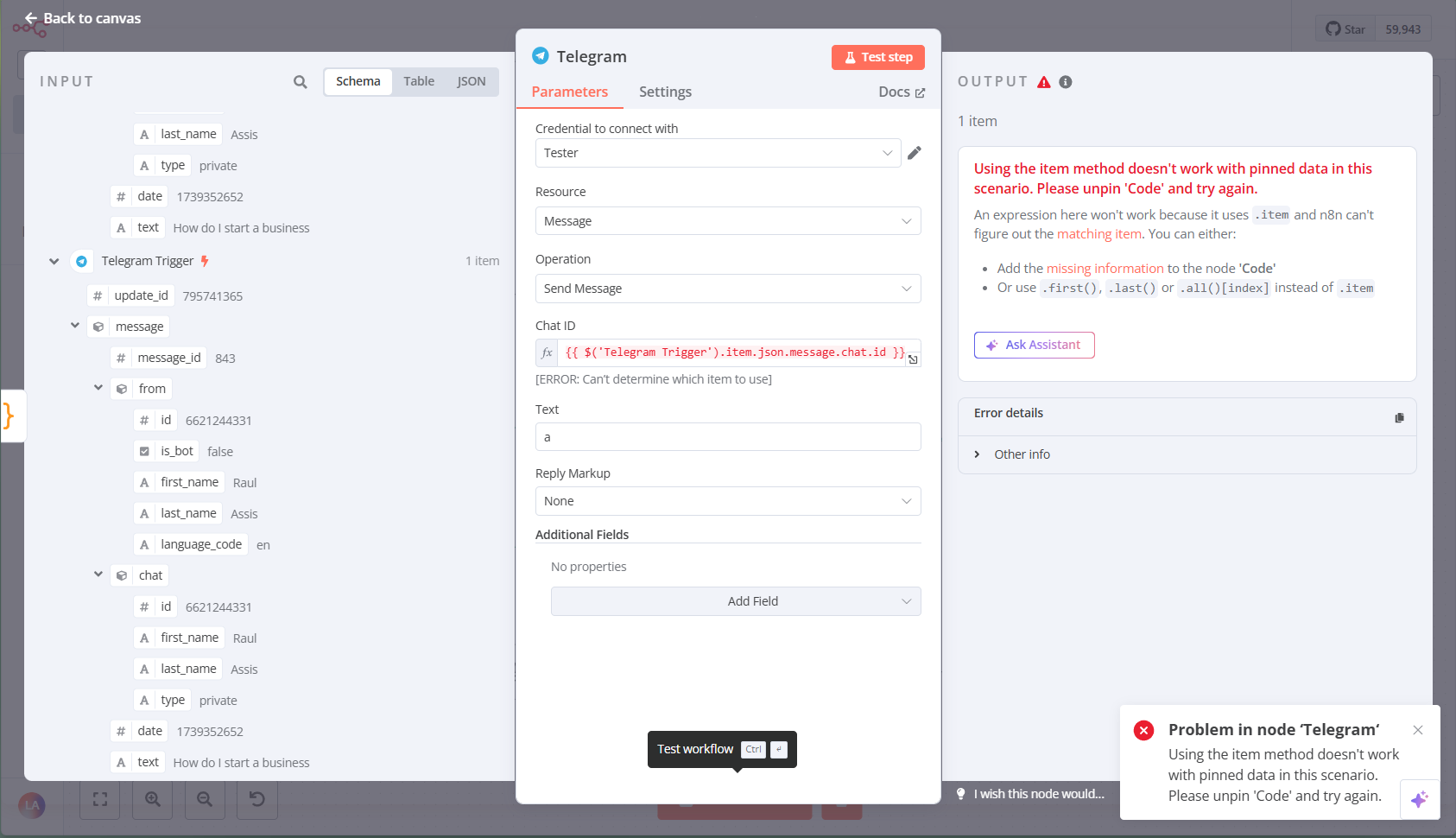 [BUG] Telegram Trigger (and many nodes) Cannot access chat ID + Pinned Data that doesn`t exist ...