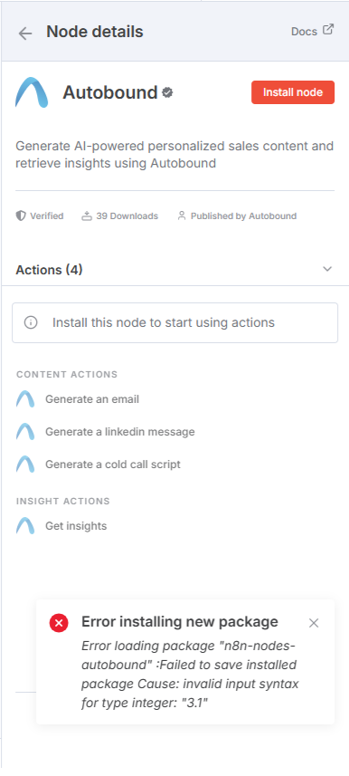Error installing “n8n-nodes-autobound”: invalid input syntax for type integer: - Nodes - n8n ...