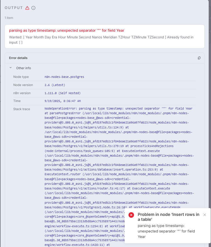 Postgresql Insert error parsing ISO format string - Questions - n8n Community