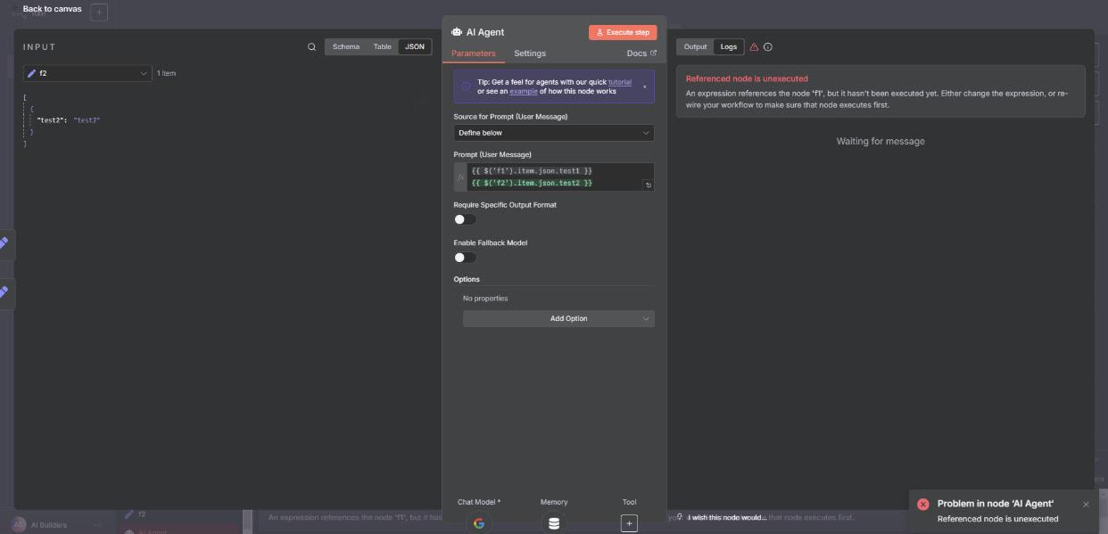 N8n “Referenced node is unexecuted” error when using AI Agent - Questions - n8n Community