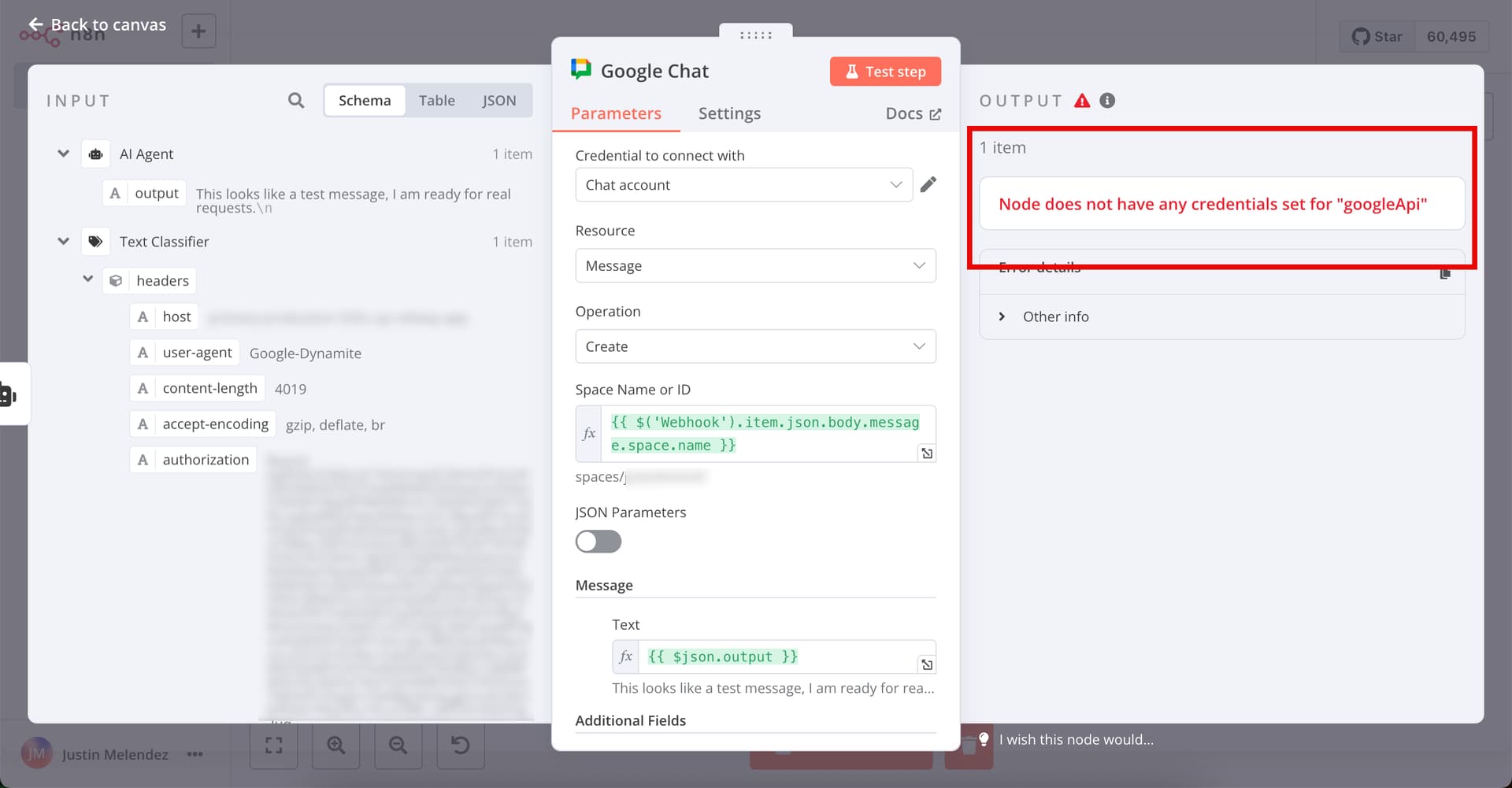 Google Chat Node Works in Test Mode But Errors in Production Mode ...