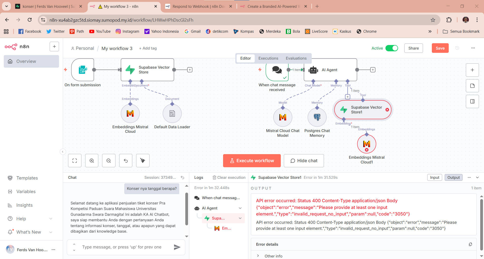 API error occurred: Status 400 Content-Type application/json Body {"object":"error","message ...