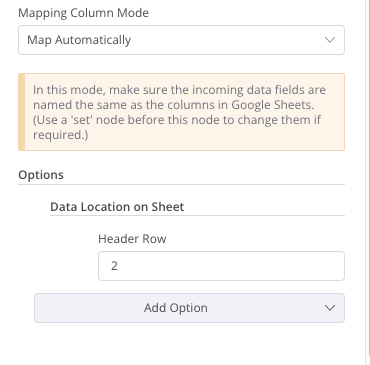 Gsheets : How to change the header column location in the operation "Append or Update ...