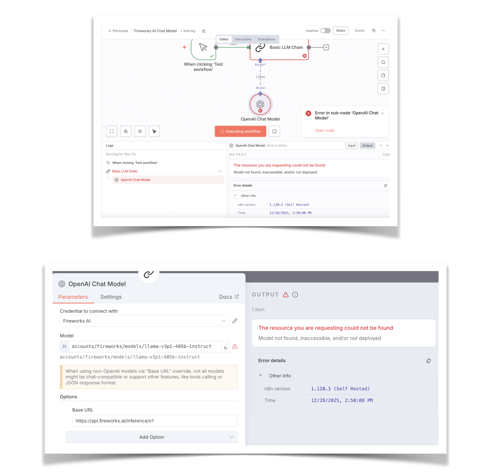 Trying to use N8N and Fireworks AI through the OpenAI Chat Model ...