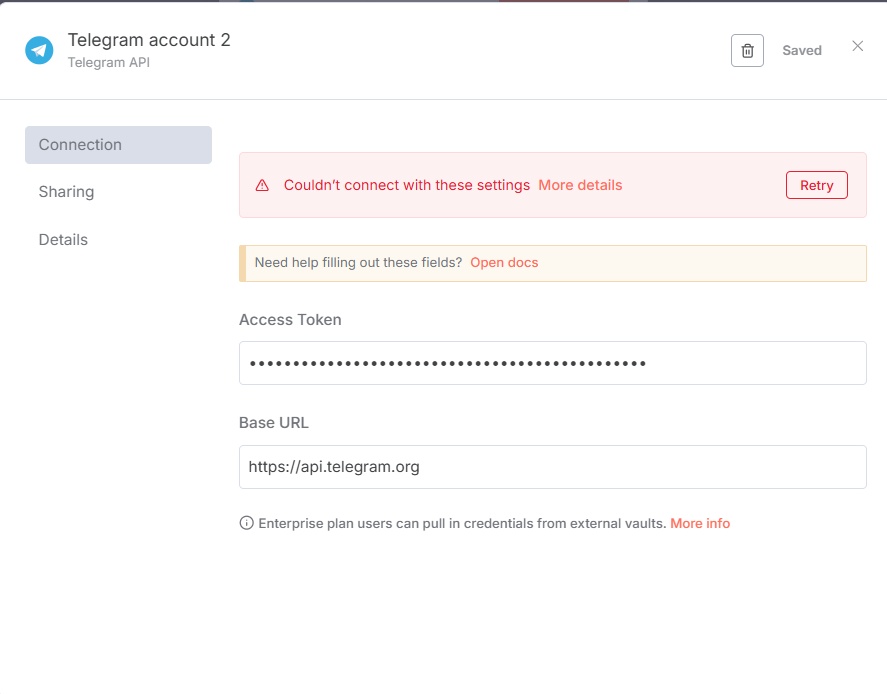 Error while connecting telegram trigger with self hosted n8n despite using ngrok - Questions ...