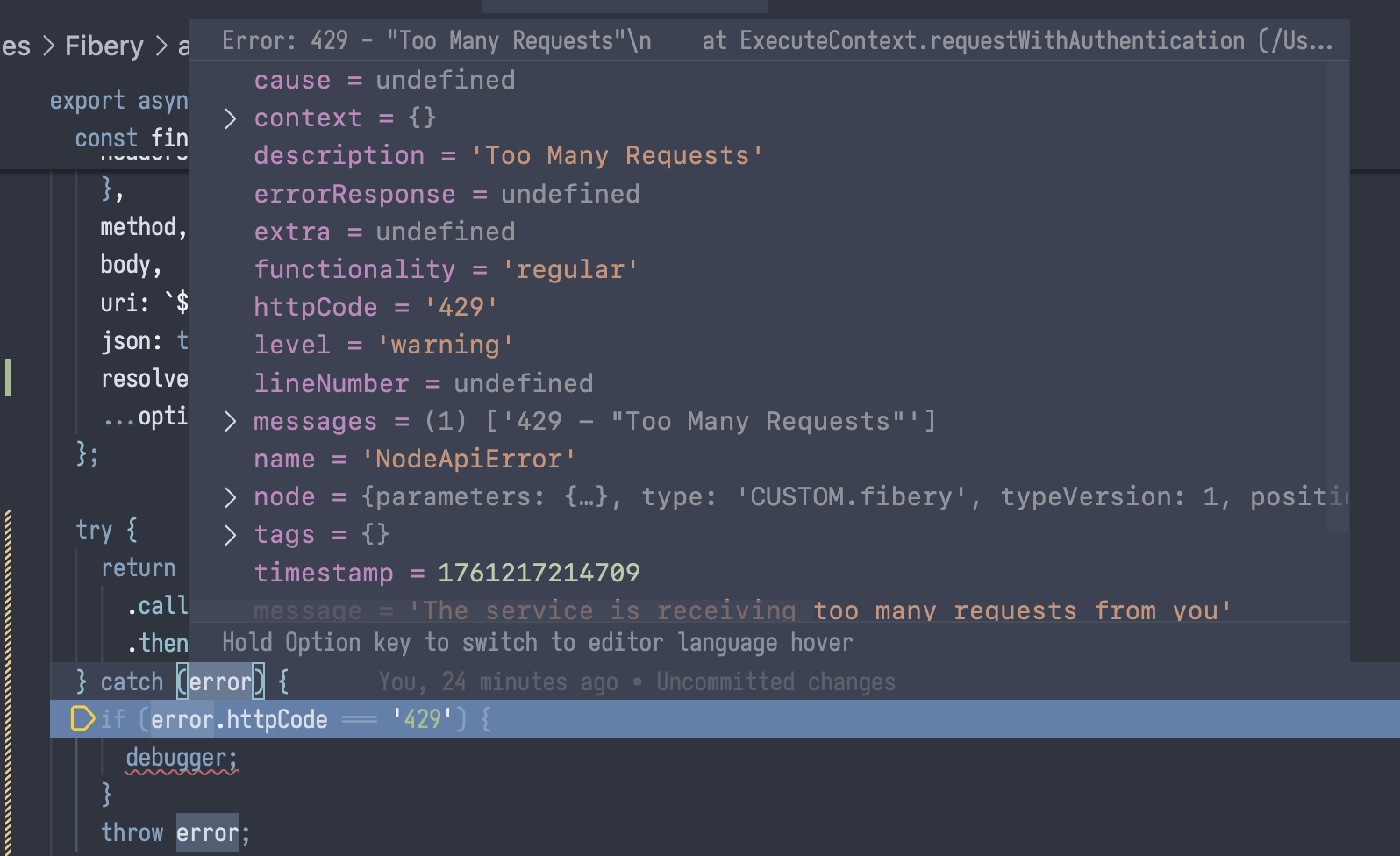 Headers aren't passed to error after helper.requestWithAuthentication ...