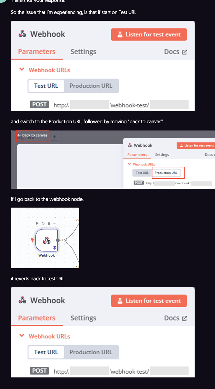 Webhook test-url not changing to production-url and workflow always ...