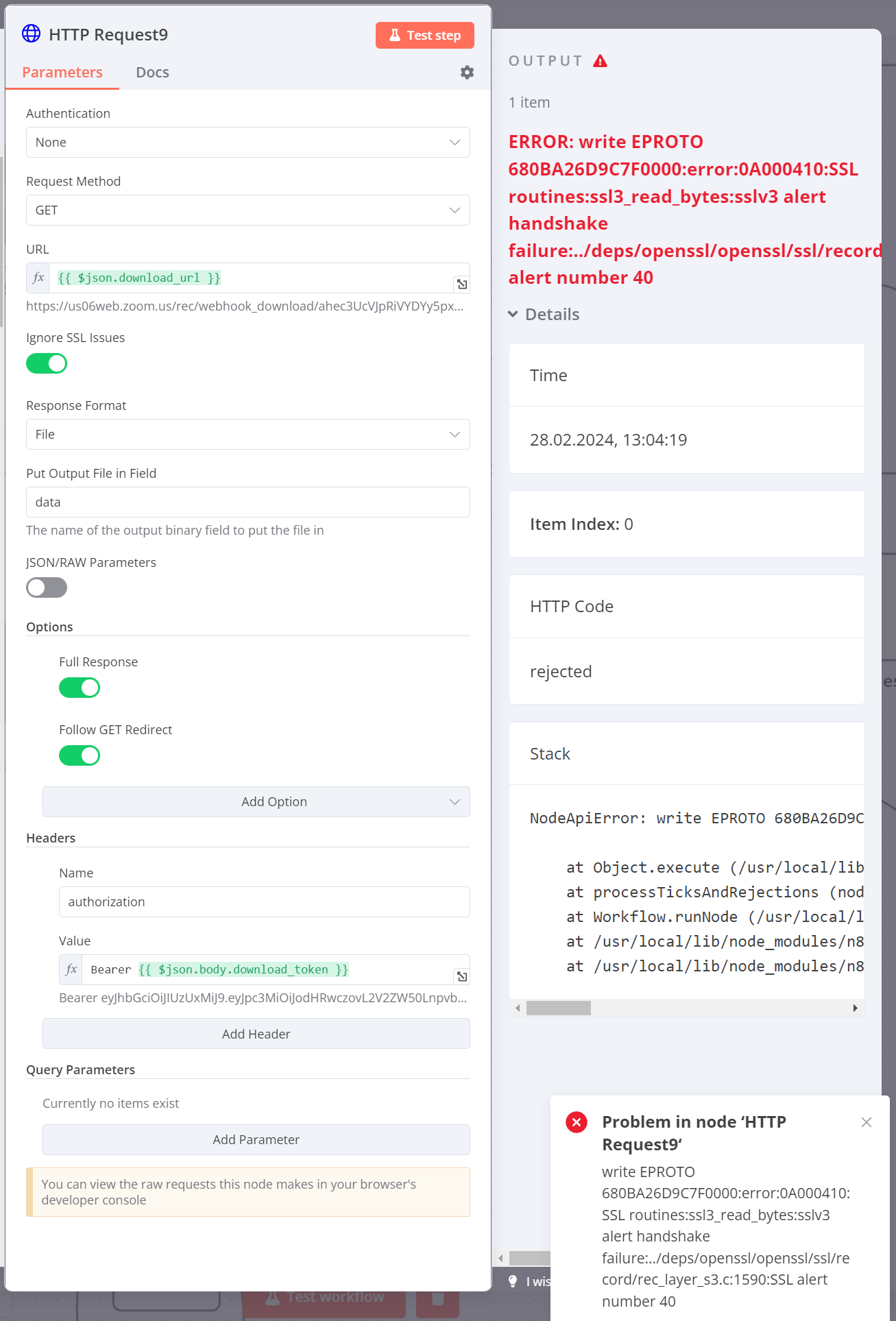 SOLVED: HTTP reqest node Zoom - ERROR: write EPROTO - Questions - n8n