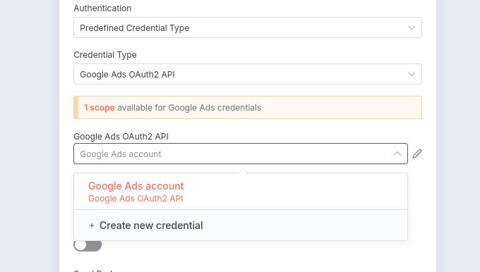 Credentials for 'Google Ads OAuth2 API' are not set. "Node does not have access to the ...