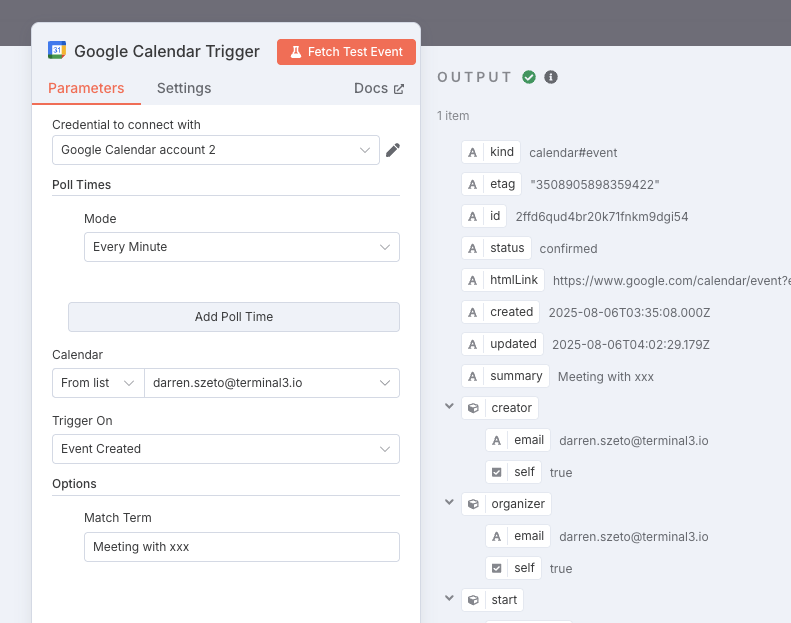 Google Calendar Trigger match term - Questions - n8n Community